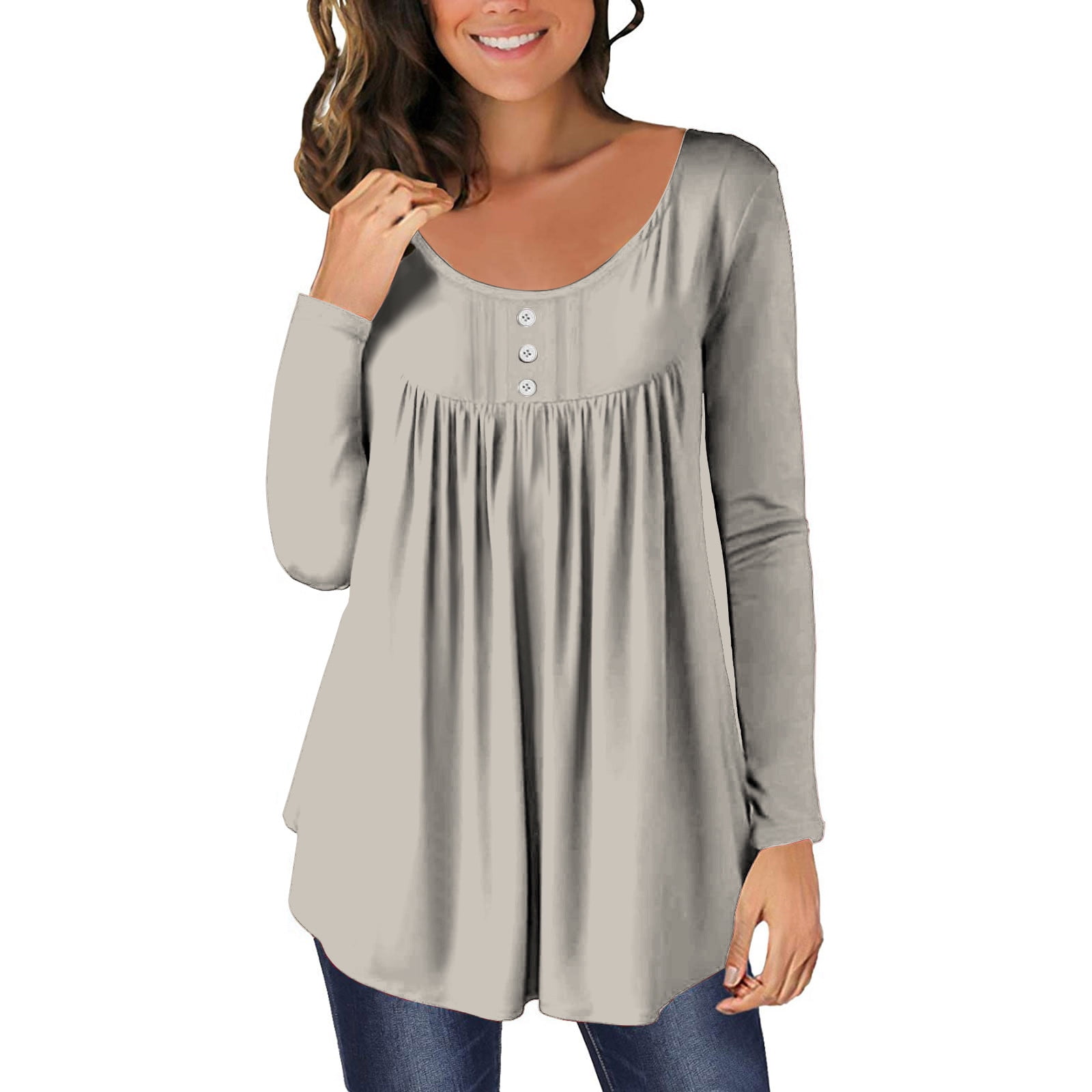 Lolmot Womens Casual Round Neck Button Tops Mid-length Long Sleeve ...