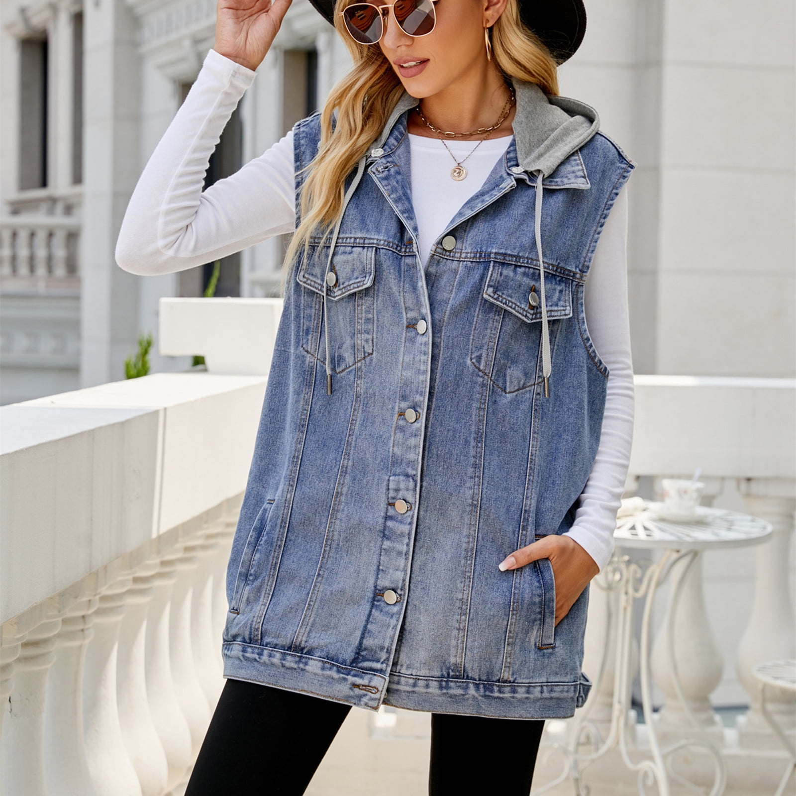 Lolmot Womens Distressed Sleeveless Hooded Denim Jacket Jean Vest ...