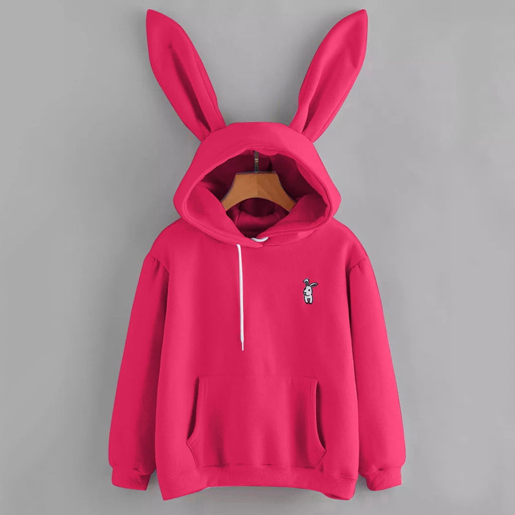 Lolmot Womens Rabbit Ear Hoodie Solid Color Bunny Ear Long Sleeves ...