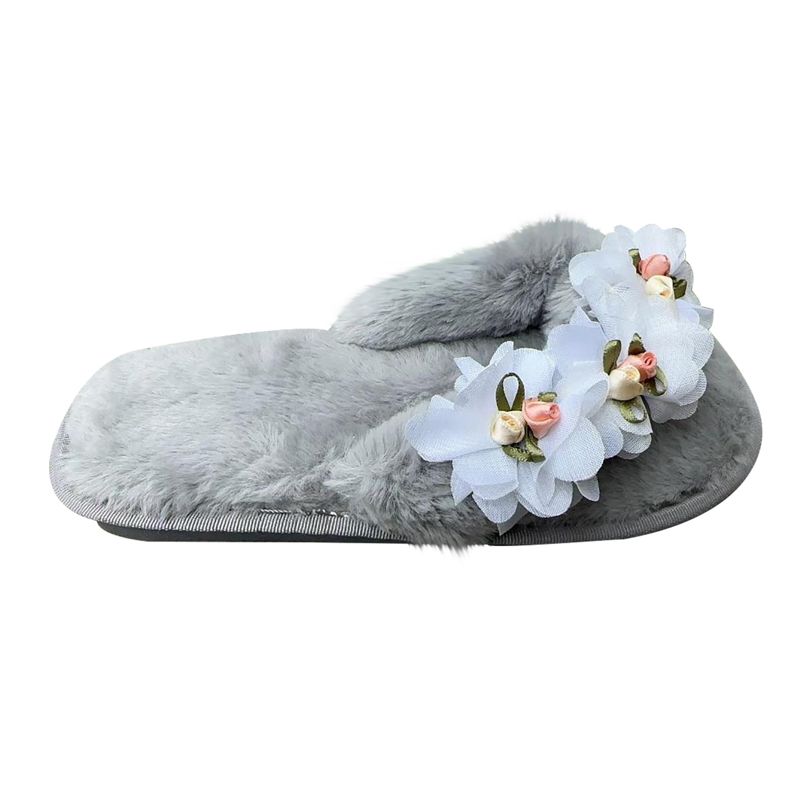 Lolmot Womens Winter Fuzzy Cute Flower Thong Flip Flops Beach Clip Toe ...