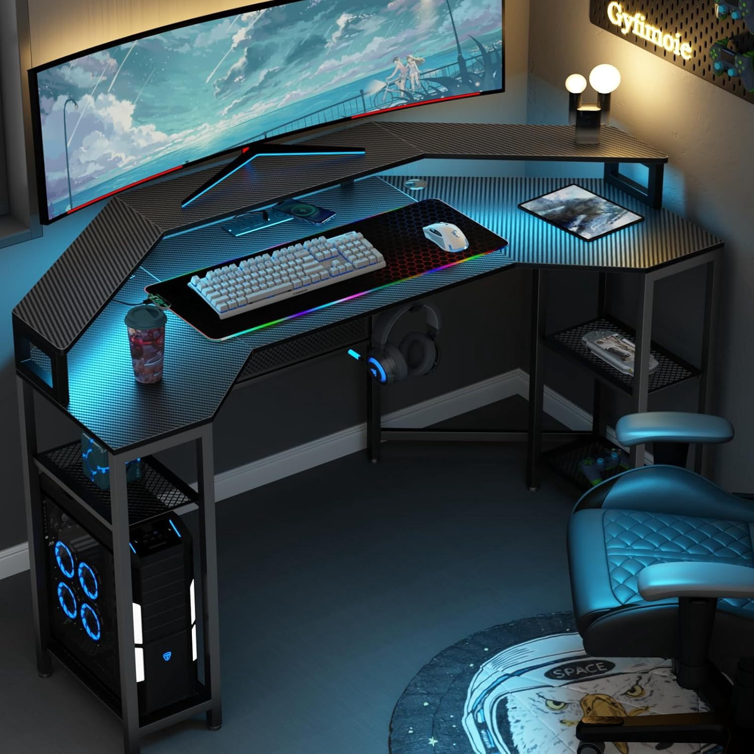 Lomie Computer Desk with Power Outlet & Led Light, 63" Large Wing ...