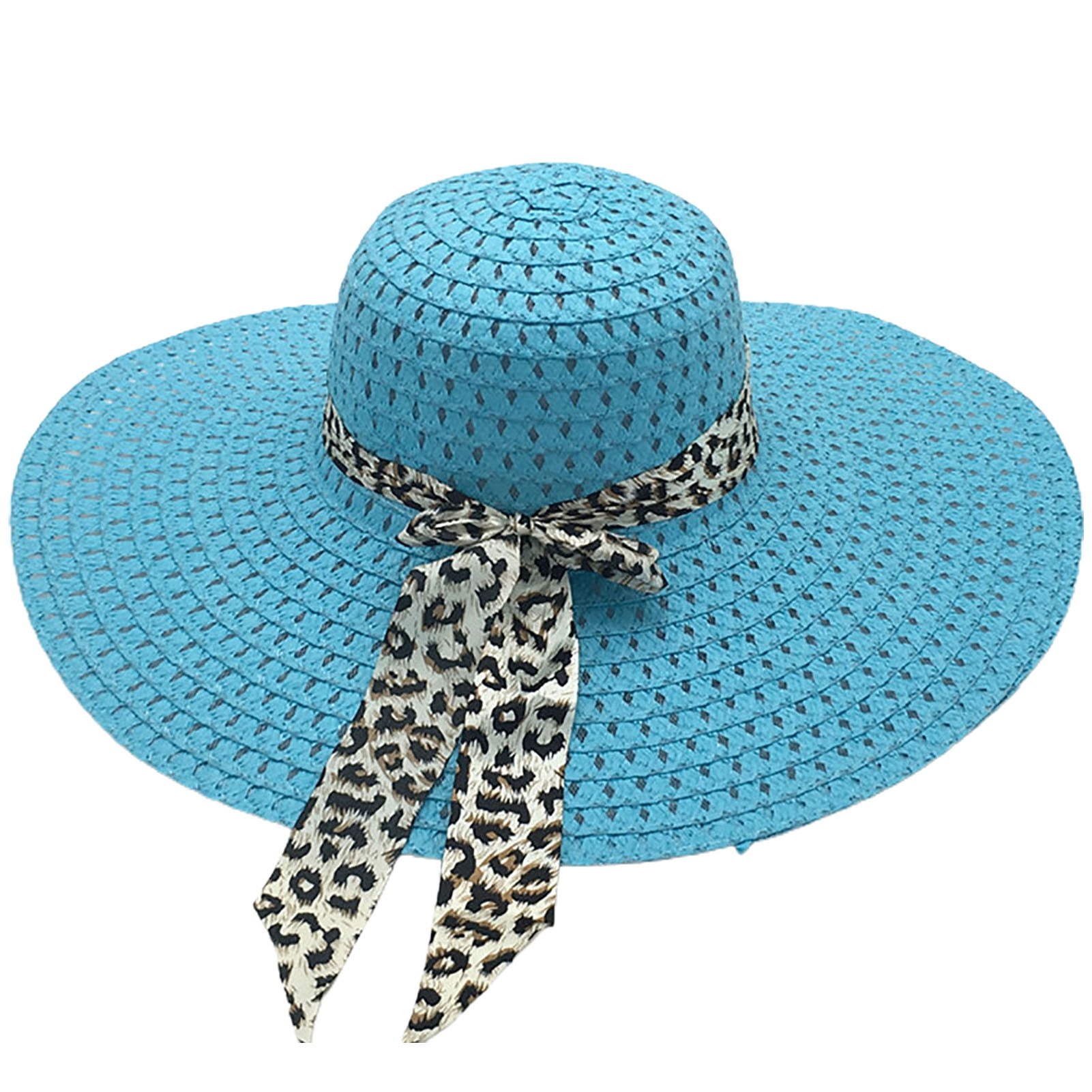 Lomubue Sunscreen Braided Foldable Straw Hat Leopard Bowknot Decor Wide