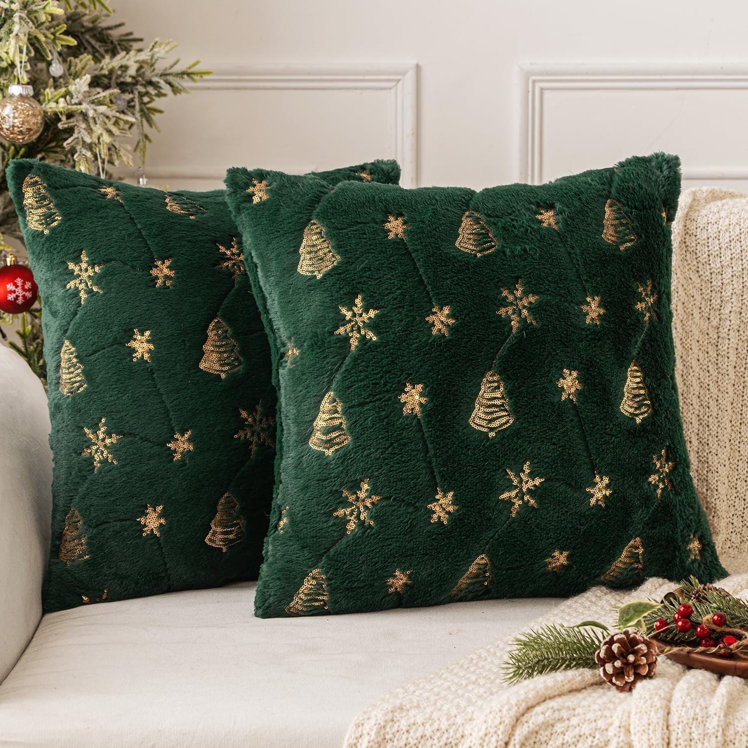 Lomyolo Christmas Tree Glitter Snowflake Pillow Covers Set of 2 –20x20 ...