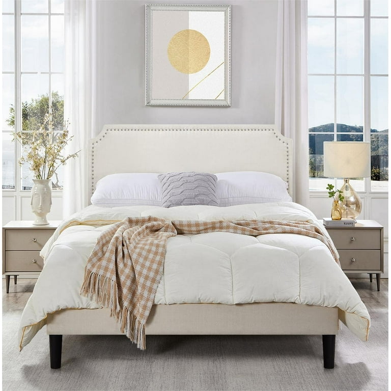 Sutaifuri Full Size Platform Bed Frame Linen Fabric Upholstered Bed with Nailhead Trim Adjustable Headboard