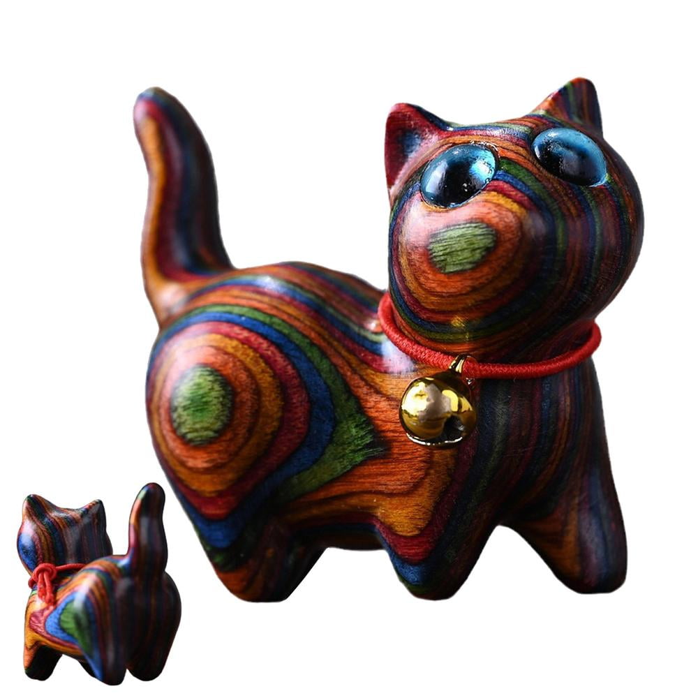 Lona Wood Small Cat Sculpture Wooden Cat Figurines Rainbow Cat Ornament ...