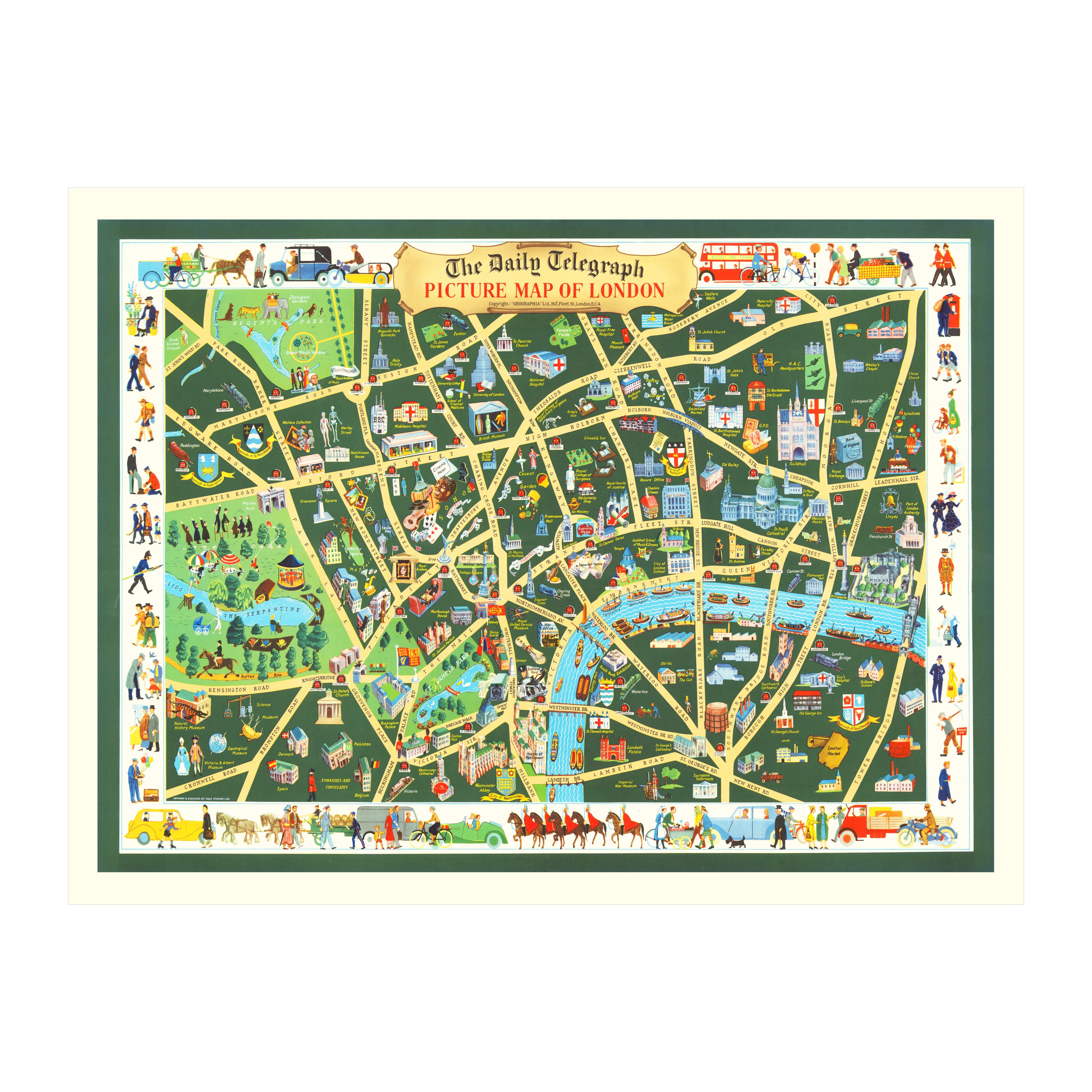 London Art, 1950 Vintage Map of London England History Wall Decor Gift ...