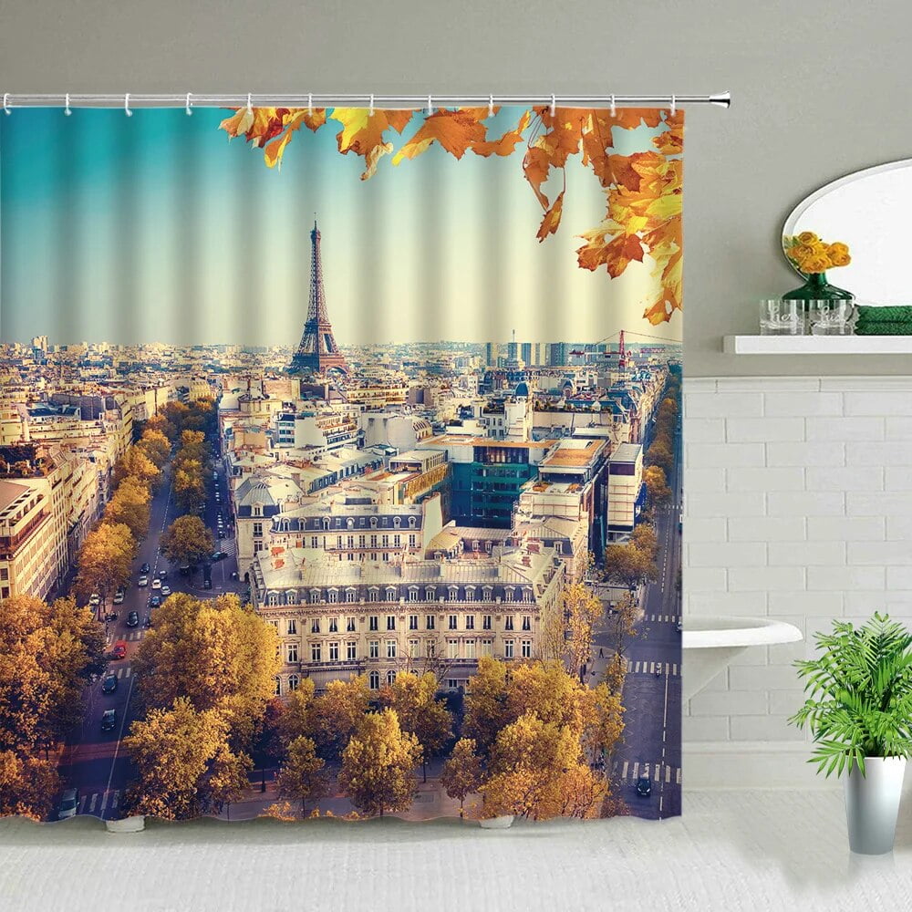 London Big Ben Shower Curtain European Style Red Tram Telephone Hall ...