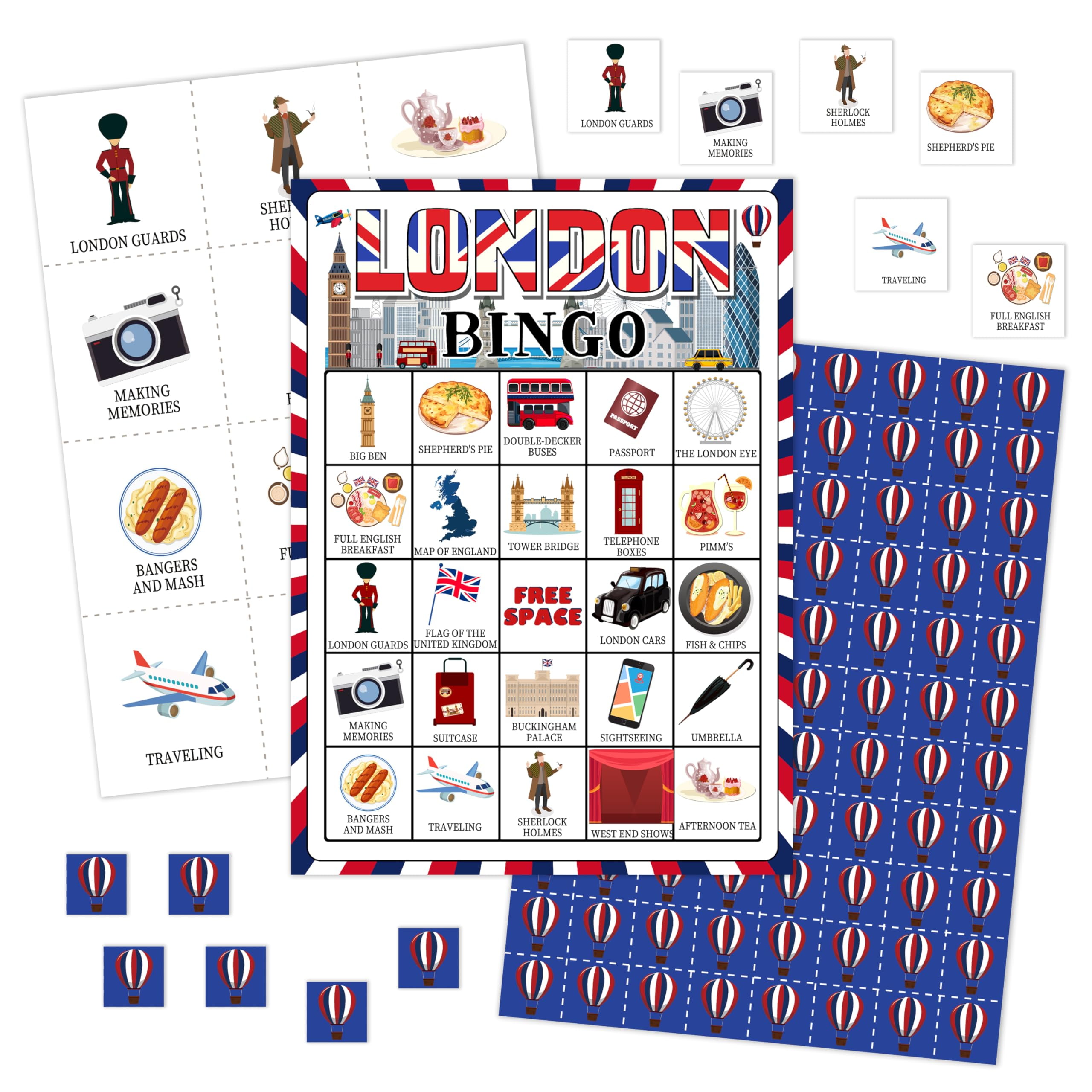 London Bingo Games Cards, London Travel Bingo Game Set, London Vacation ...