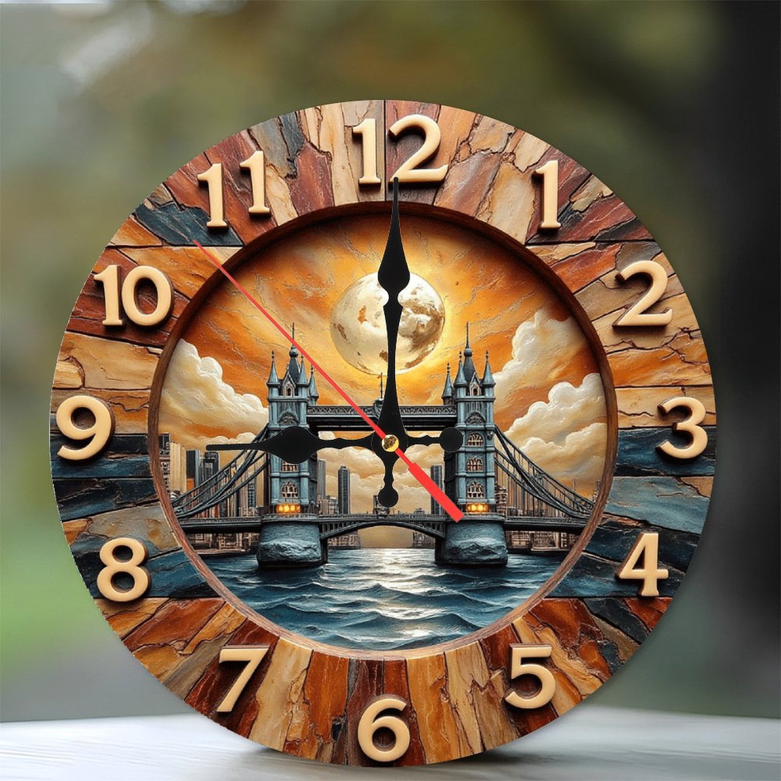 London Bridge Artistic Wall Clock Decor 10-Inch Silent Wooden Wall ...