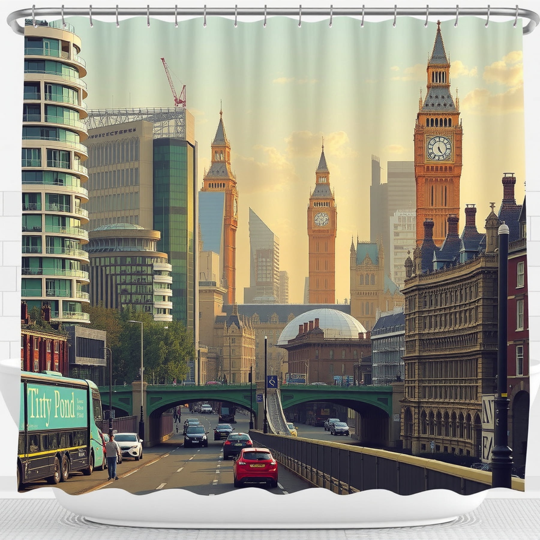 London Cityscape Shower Curtain - Iconic Architecture & Teal Bus Warm ...