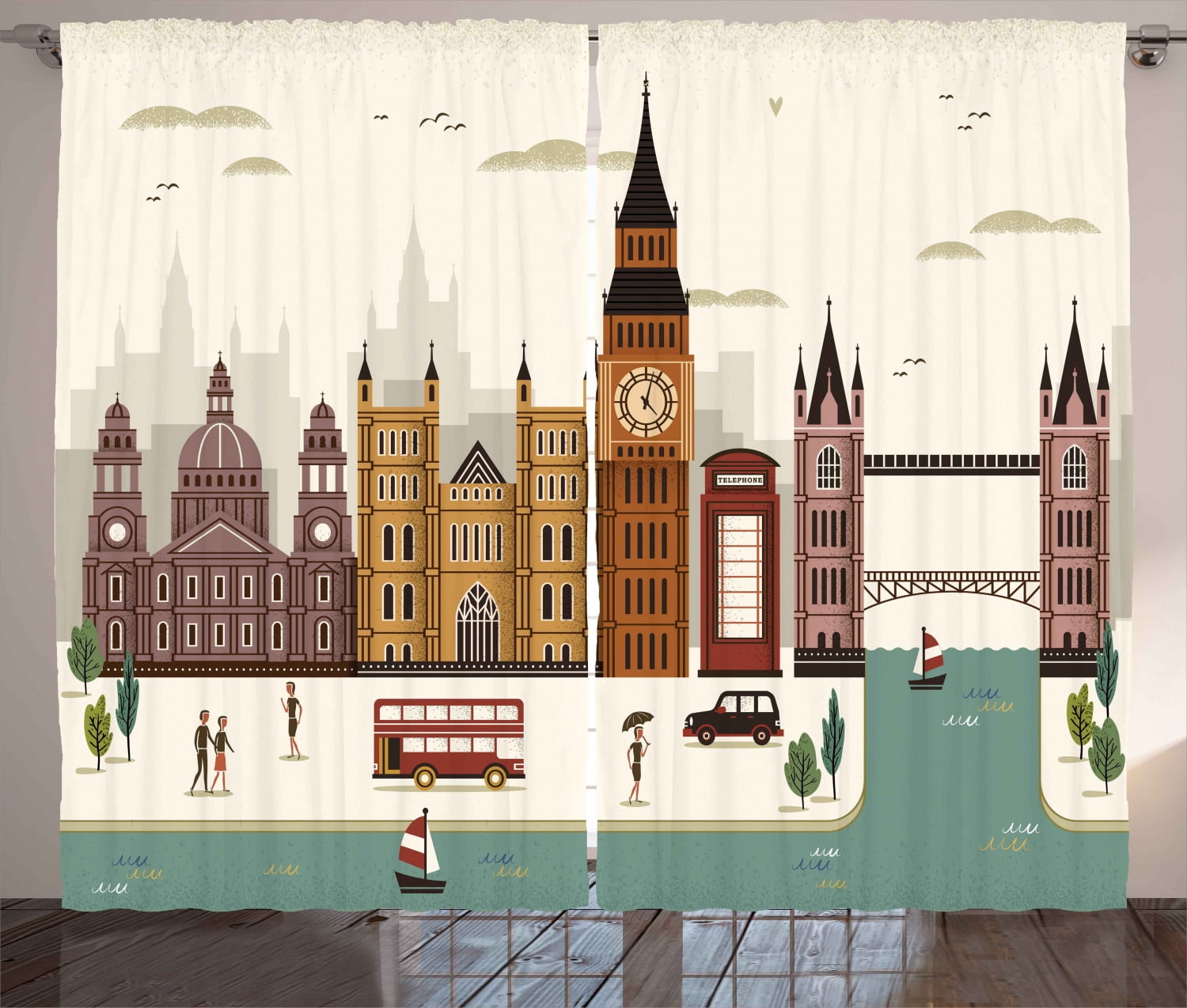 Ambesonne London Curtains 2 Panel Set, Travel Scenery Big Ben, 108" x ...