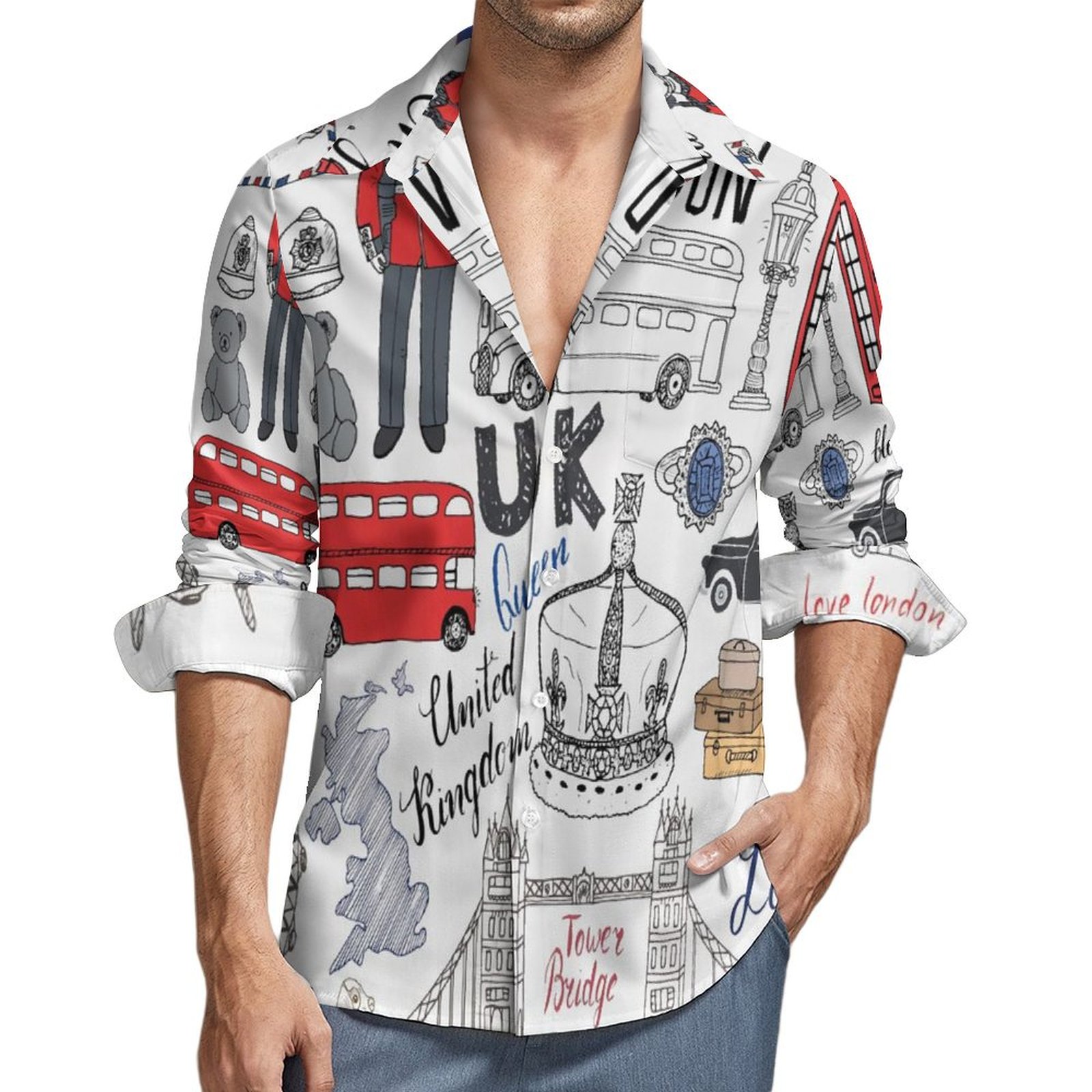 London Double Decker Bus Hawaiian Shirt for Men Long Sleeve Button Down ...