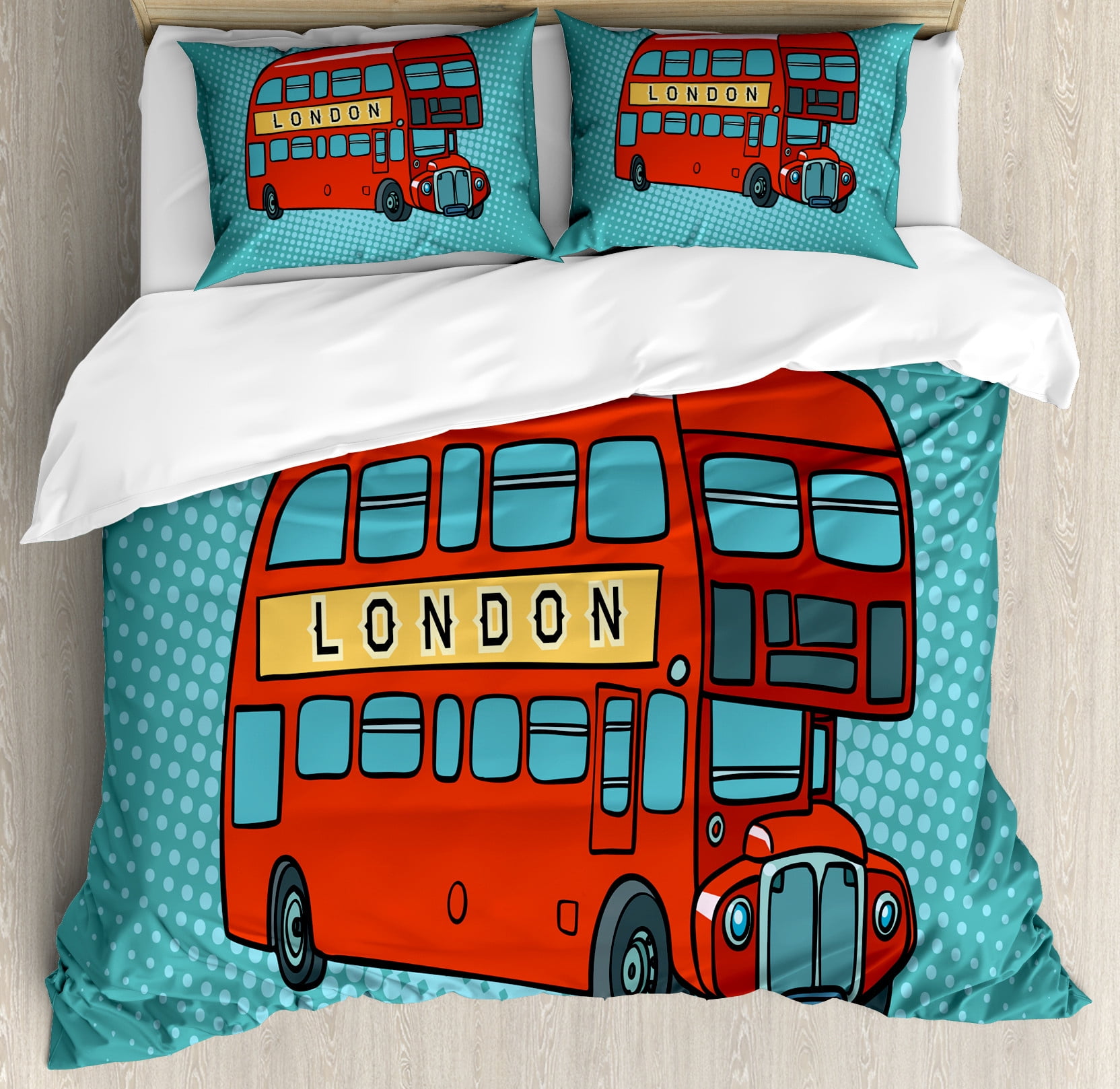 London Duvet Cover Set, Double Decker Bus in Comic Cartoon Retro Style ...