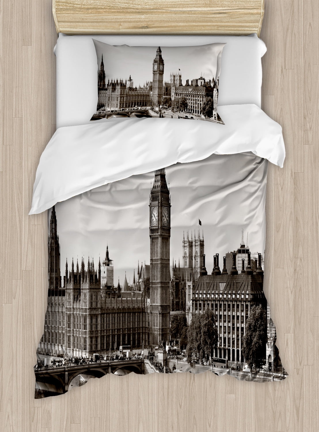 London Duvet Cover Set Twin Size, Westminster with Big Ben and Bridge ...