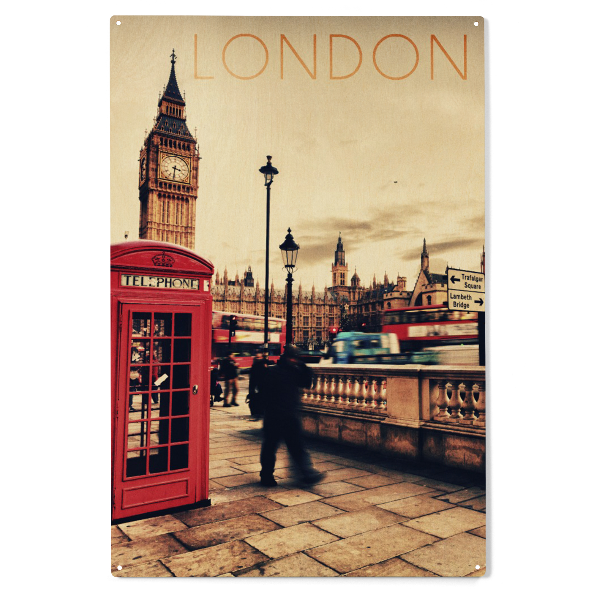 London, England, Telephone Booth and Big Ben Birch Wood Wall Sign ...