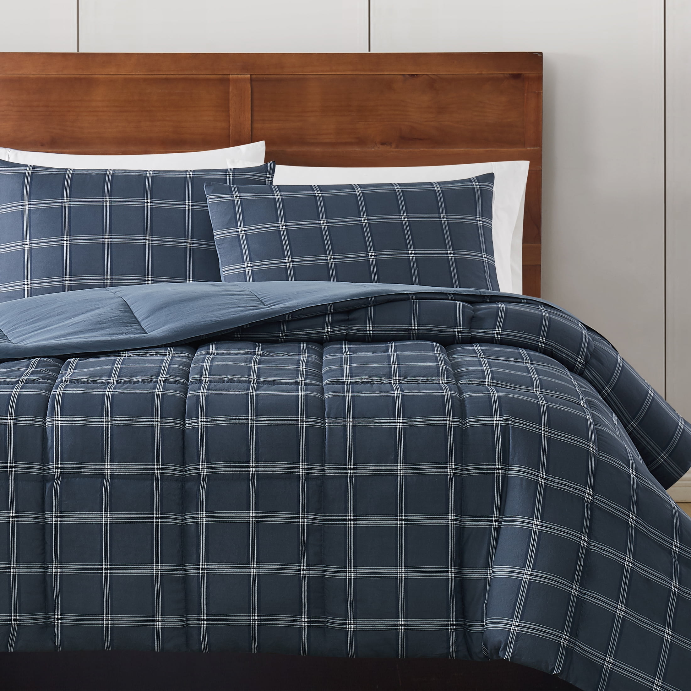 London Fog Supply Navy Grid 3-Piece Garment Washed Microfiber Comforter ...