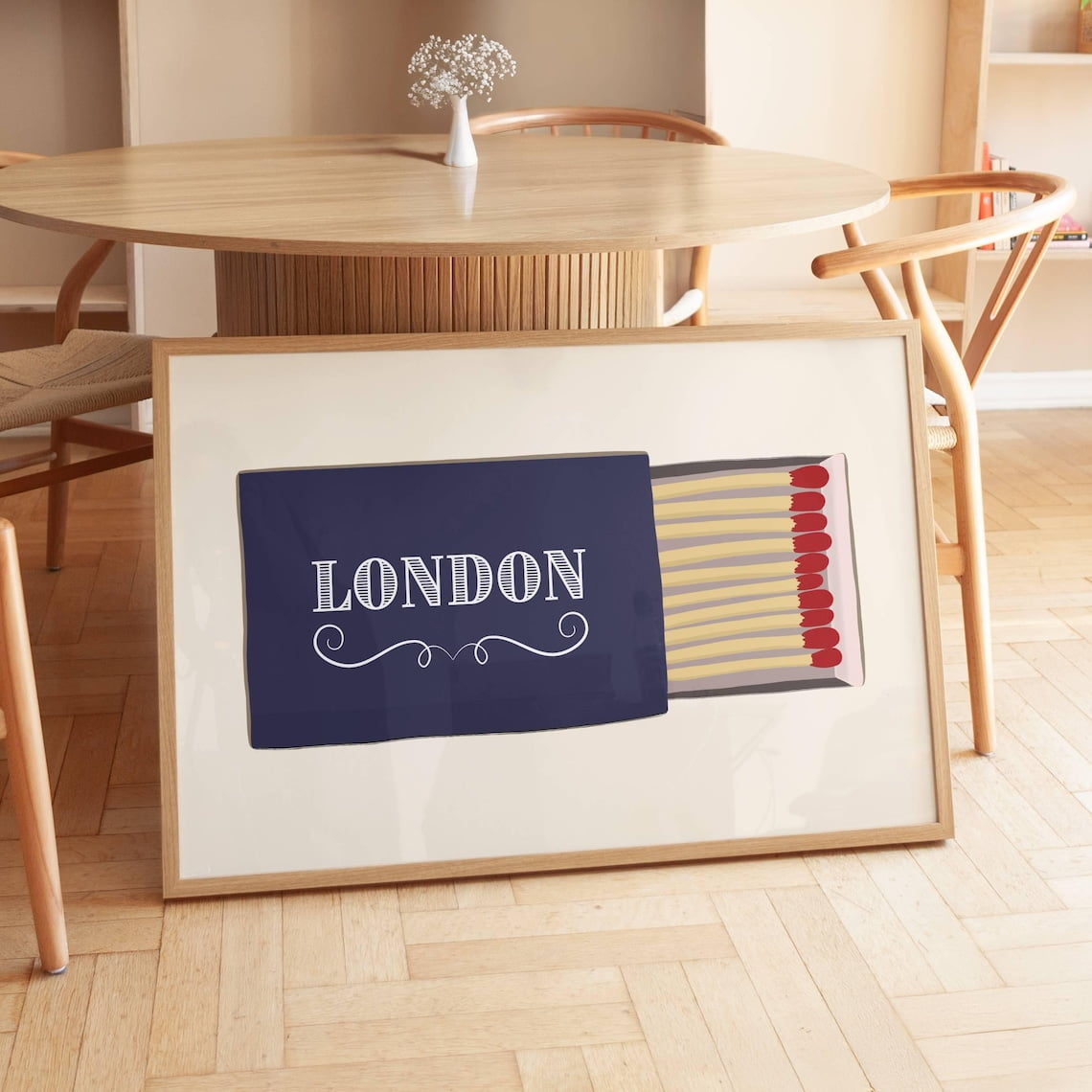 London Matchbox Print London Travel Matches Art Bar Cart Print Retro ...