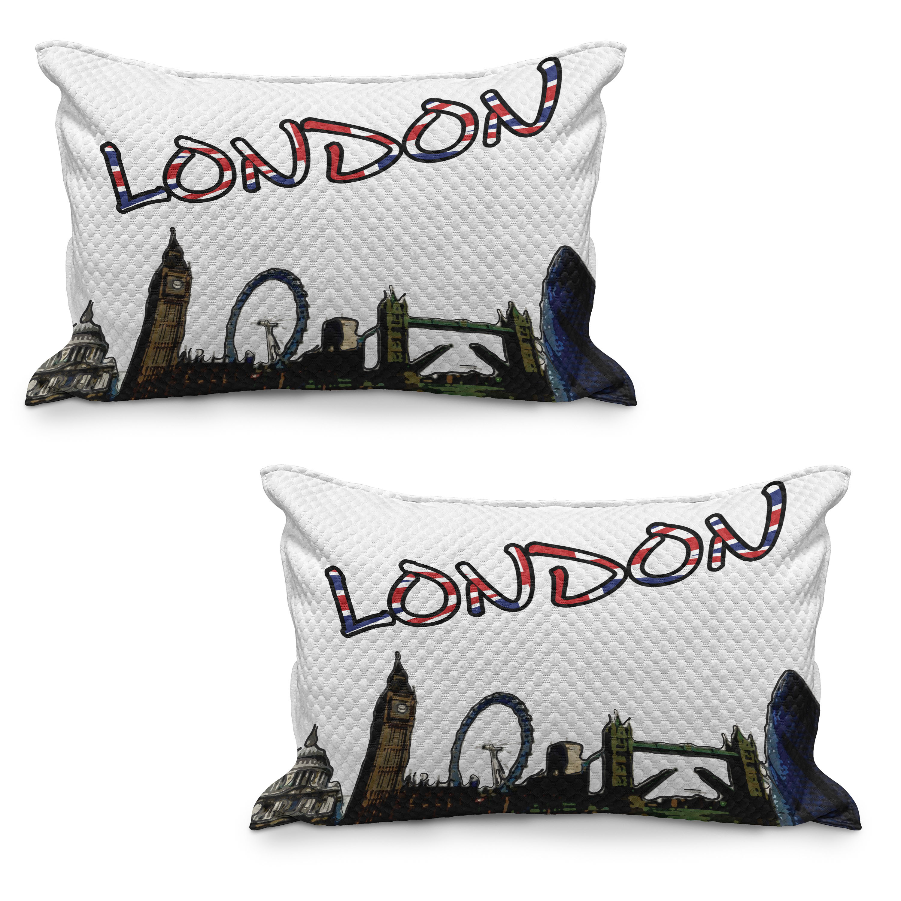 London Quilted Pillowcover Set of 2, Cartoon Drawing Style Famous ...