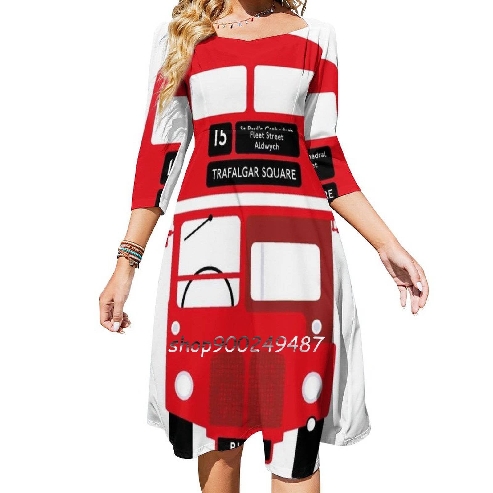 London Red Bus Square Neck Dress Sweet Summer Dress Women Elegant ...