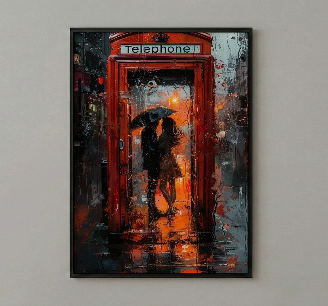 London Red Phone Booth Rainy City Impasto Uk Travel Romantic Couple ...