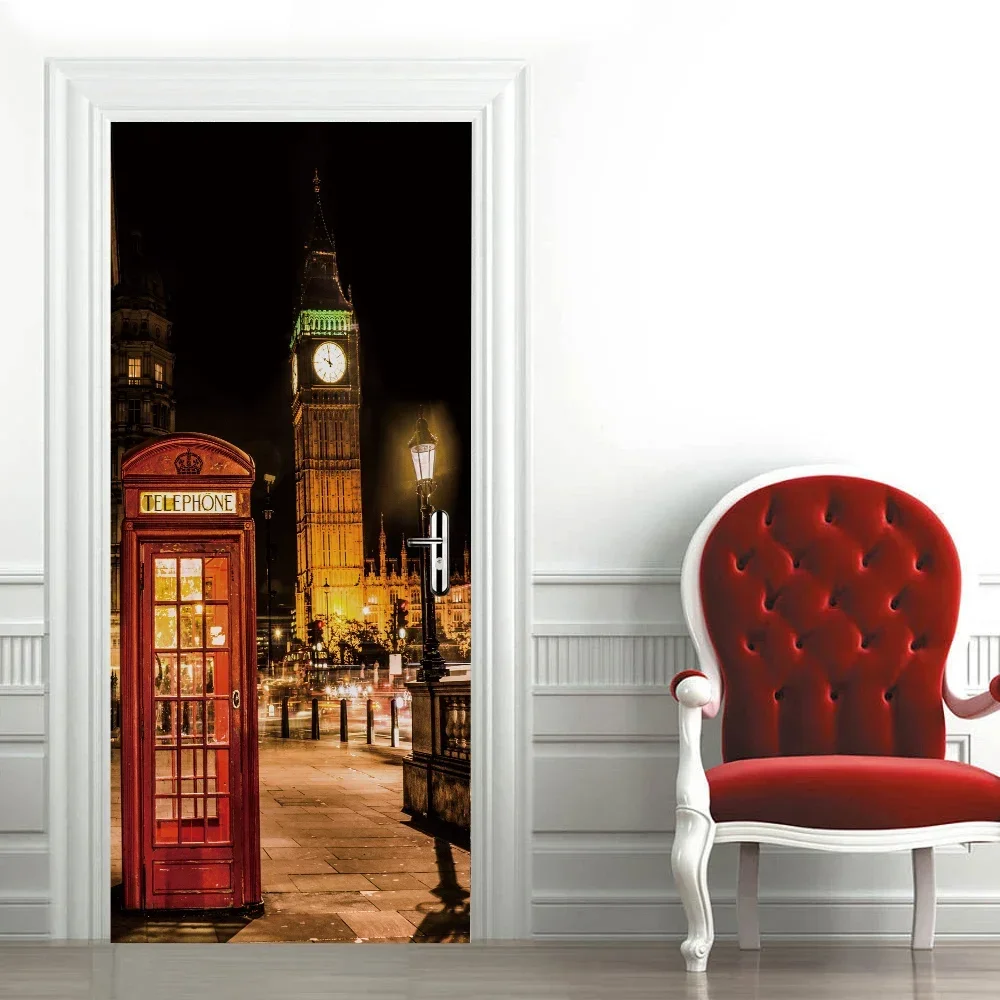 London Red Telephone Door Sticker 3D Paris Modern Art Design Wallpaper ...