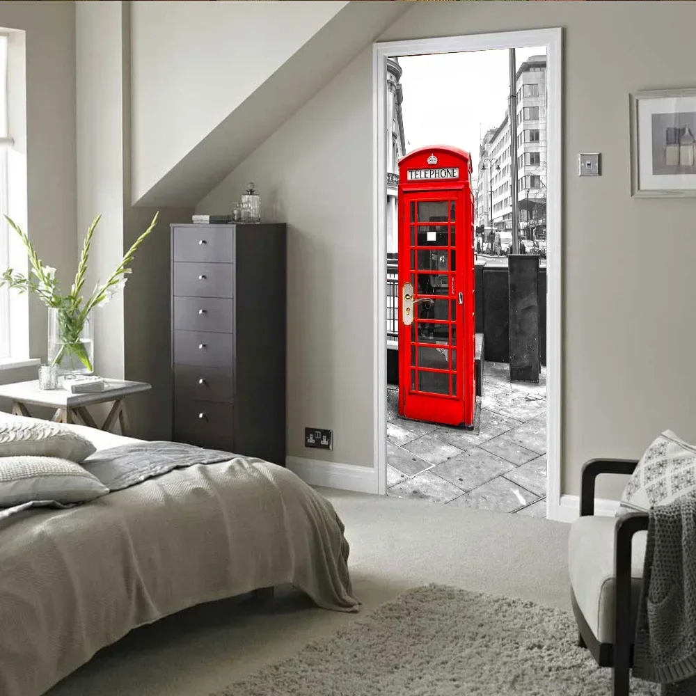 London Red Telephone Door Sticker 3D Paris Modern Art Design Wallpaper ...