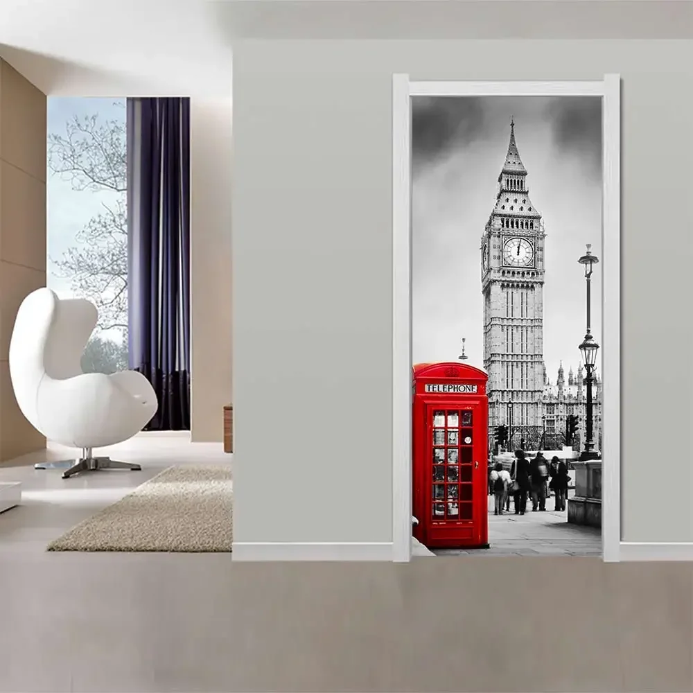London Red Telephone Door Sticker 3D Paris Modern Art Design Wallpaper ...