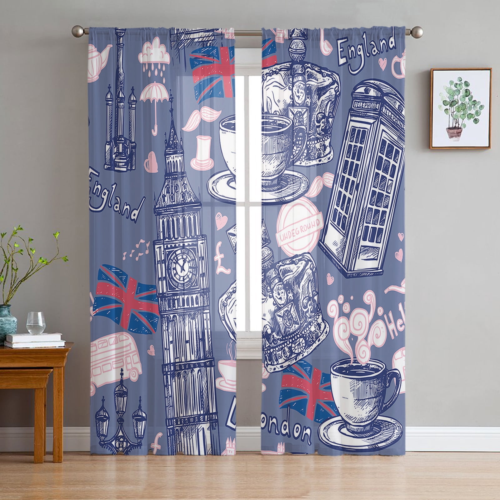 London Sketch Set With Tea Cup Crown Teleph Booth Tulle Curtains For ...
