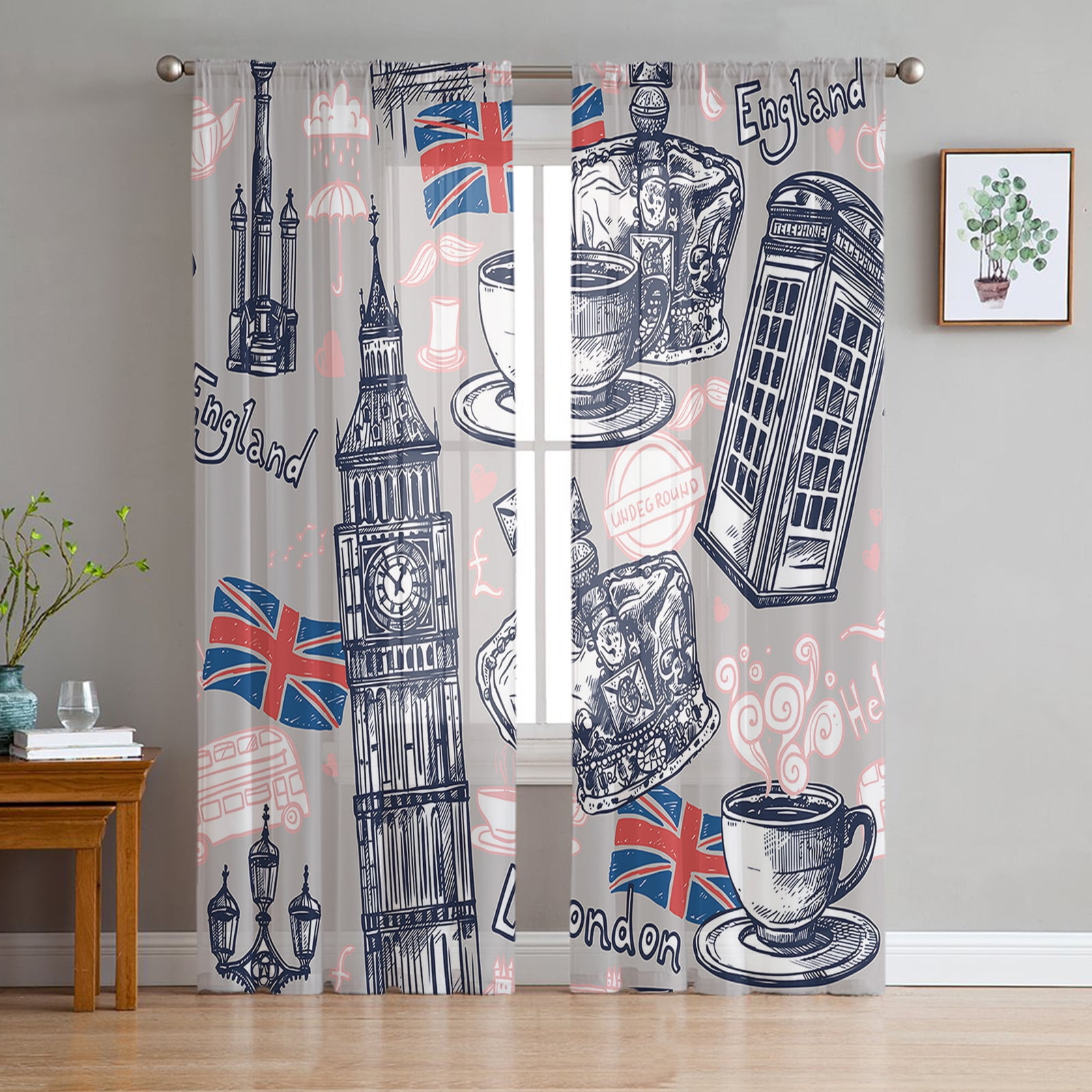 London Sketch Set With Tea Cup Crown Teleph Booth Tulle Curtains For ...