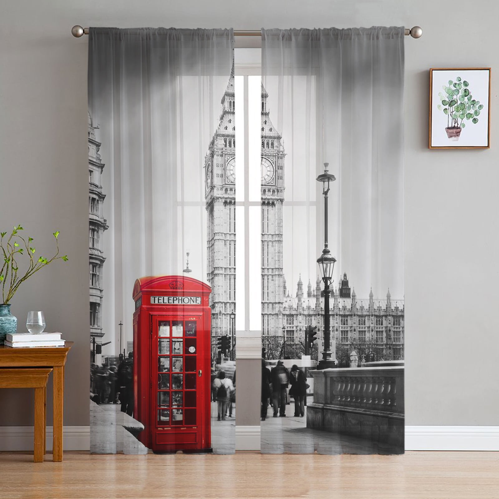 London Sketch Set With Tea Cup Crown Teleph Booth Tulle Curtains For Living Room Sheer Curtain ...