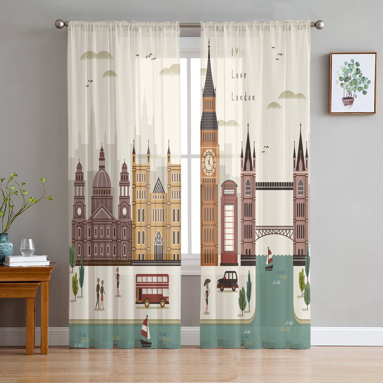 London Sketch Set With Tea Cup Crown Teleph Booth Tulle Curtains For ...