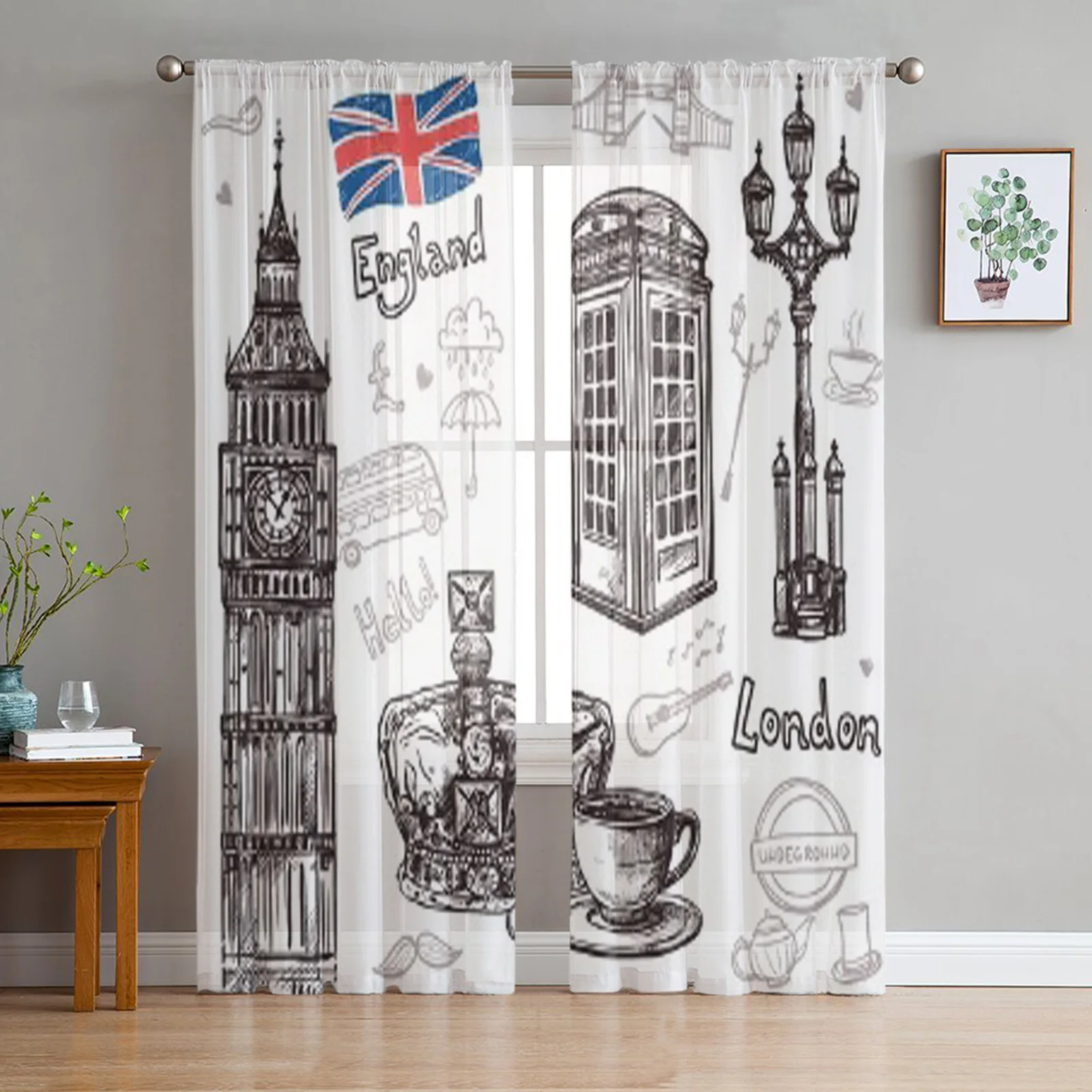 London Sketch Set With Tea Cup Crown Teleph Booth Tulle Curtains For ...