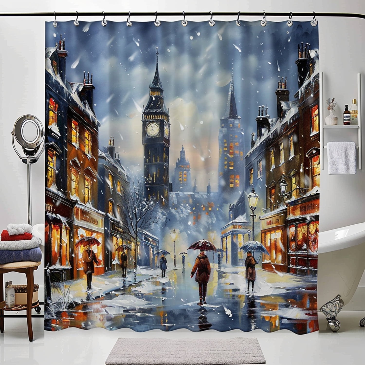London Snowy Night Shower Curtain Big Ben Street Scene Design Modern ...