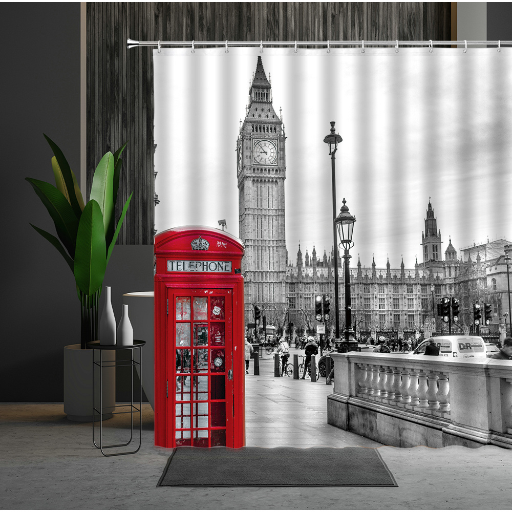 London Street Scenery Shower Curtain Retro Red Bus Teleph Booth Europe ...