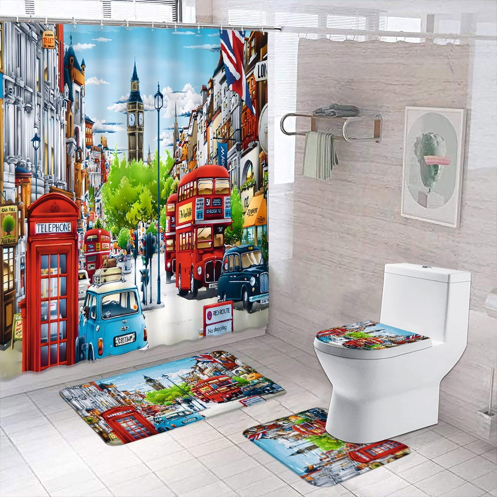 London Street Scenery Shower Curtain Set Red Telephone Booth Bus Big ...