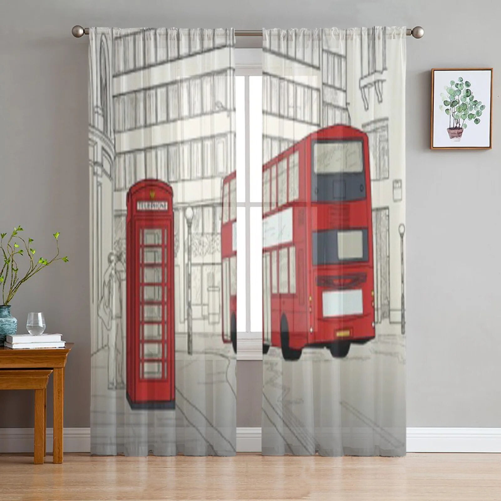 London Street With Double Decker Bus And Teleph Booth Sheer Tulle Window Curtains Voile Drape ...