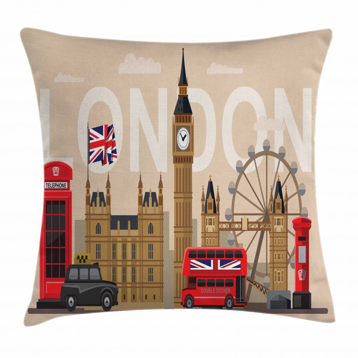 London Throw Pillow Cushion Cover, Famous Britain Landmarks Monuments ...