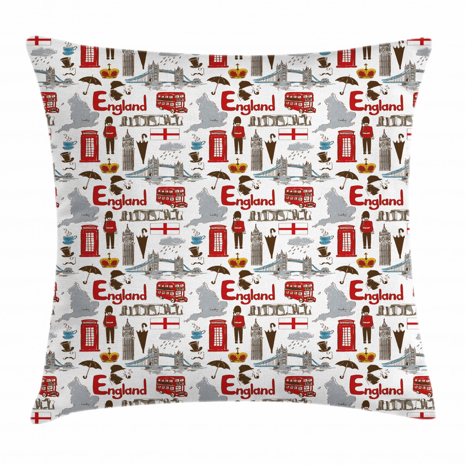 London Throw Pillow Cushion Cover, Fun Colorful Sketch Royal Guard Map ...
