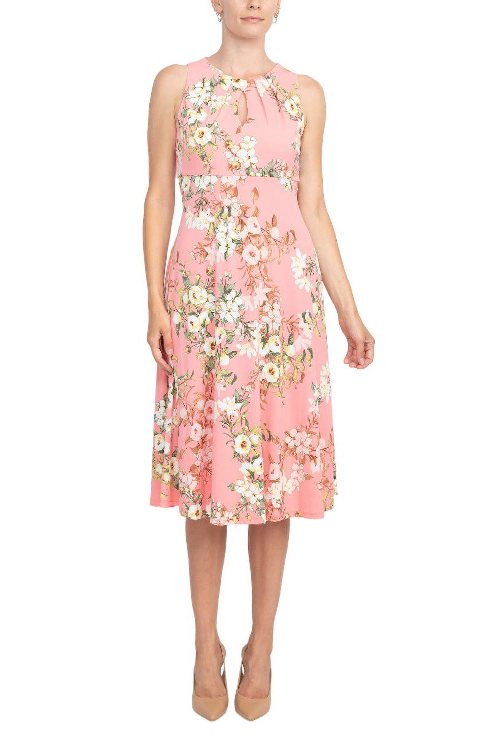 London Times Pleat Keyhole Neck Sleeveless Floral Print Zipper Back