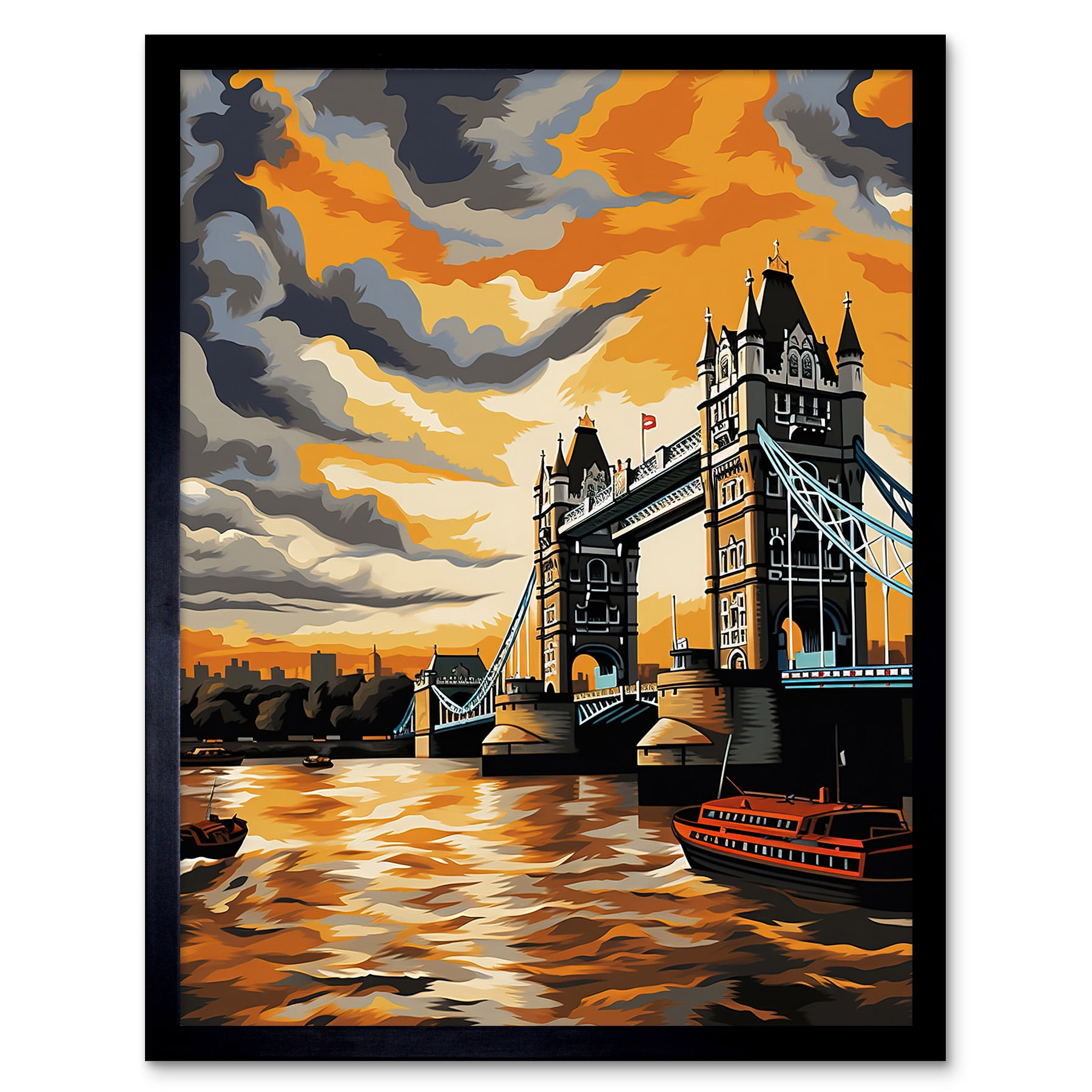 London Tower Bridge Dramatic Sunset Sky Artwork Orange Grey River ...