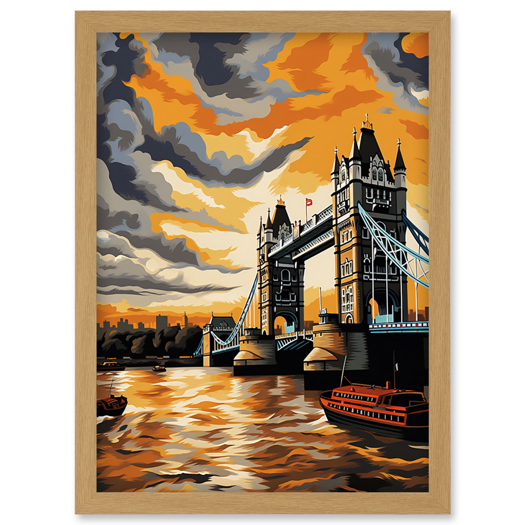 London Tower Bridge Dramatic Sunset Sky Artwork Orange Grey River ...