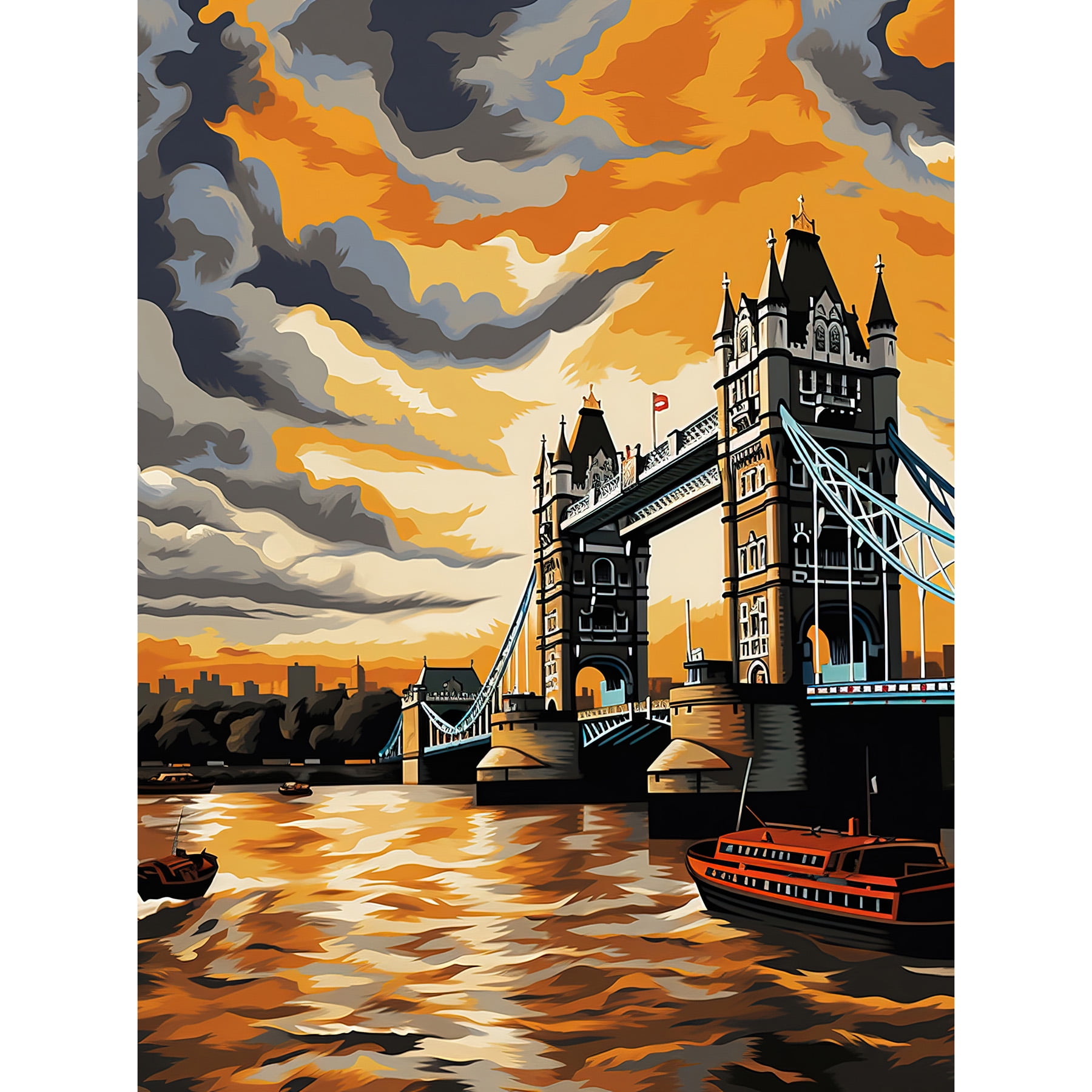 London Tower Bridge Dramatic Sunset Sky Artwork Orange Grey River ...