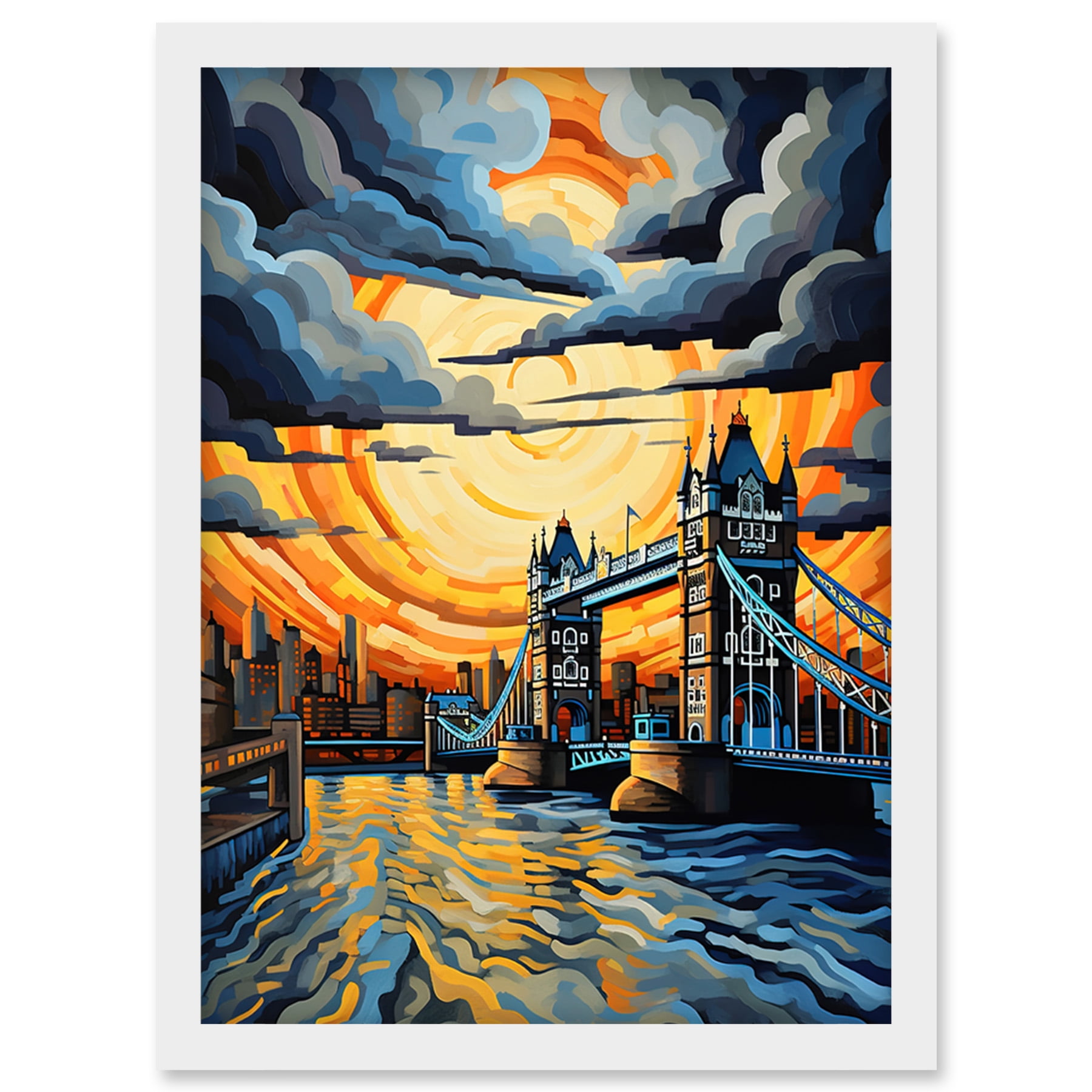 London Tower Bridge Dramatic Sunset Vibrant Artwork Blue Orange River ...