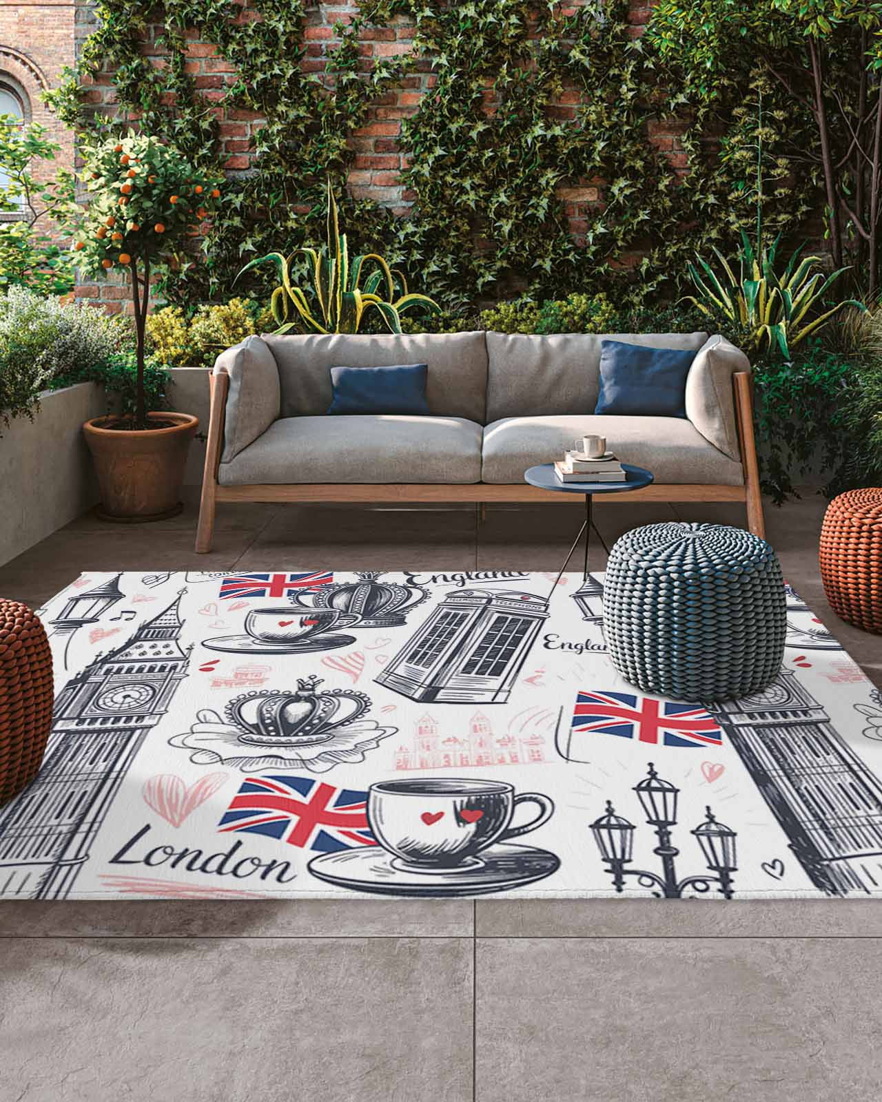 London UK Outdoor Rug, Coffee Retro Telephone Booth Flag Big Ben Large ...