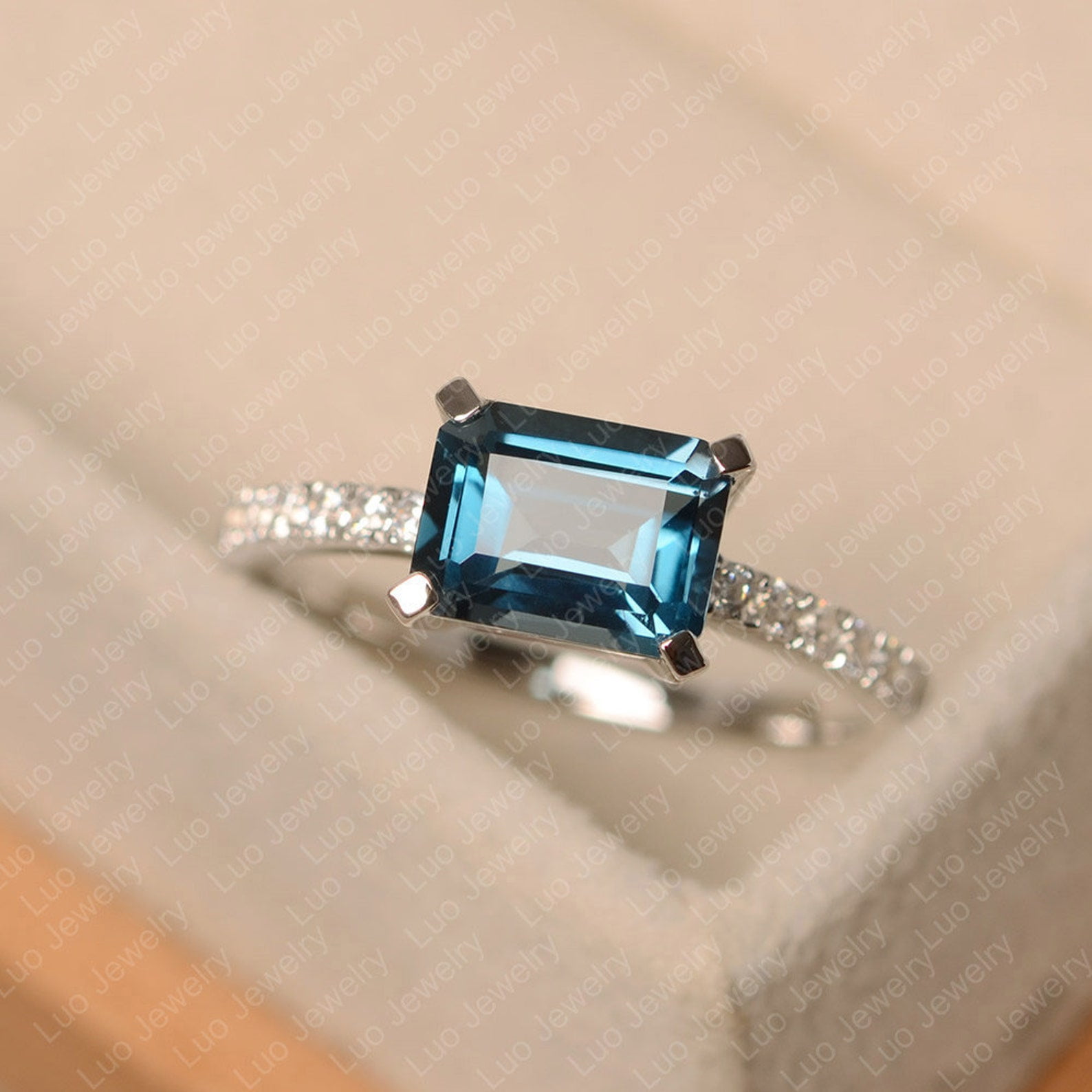 London blue topaz ring, emerald cut, blue stone, white gold Plated ...