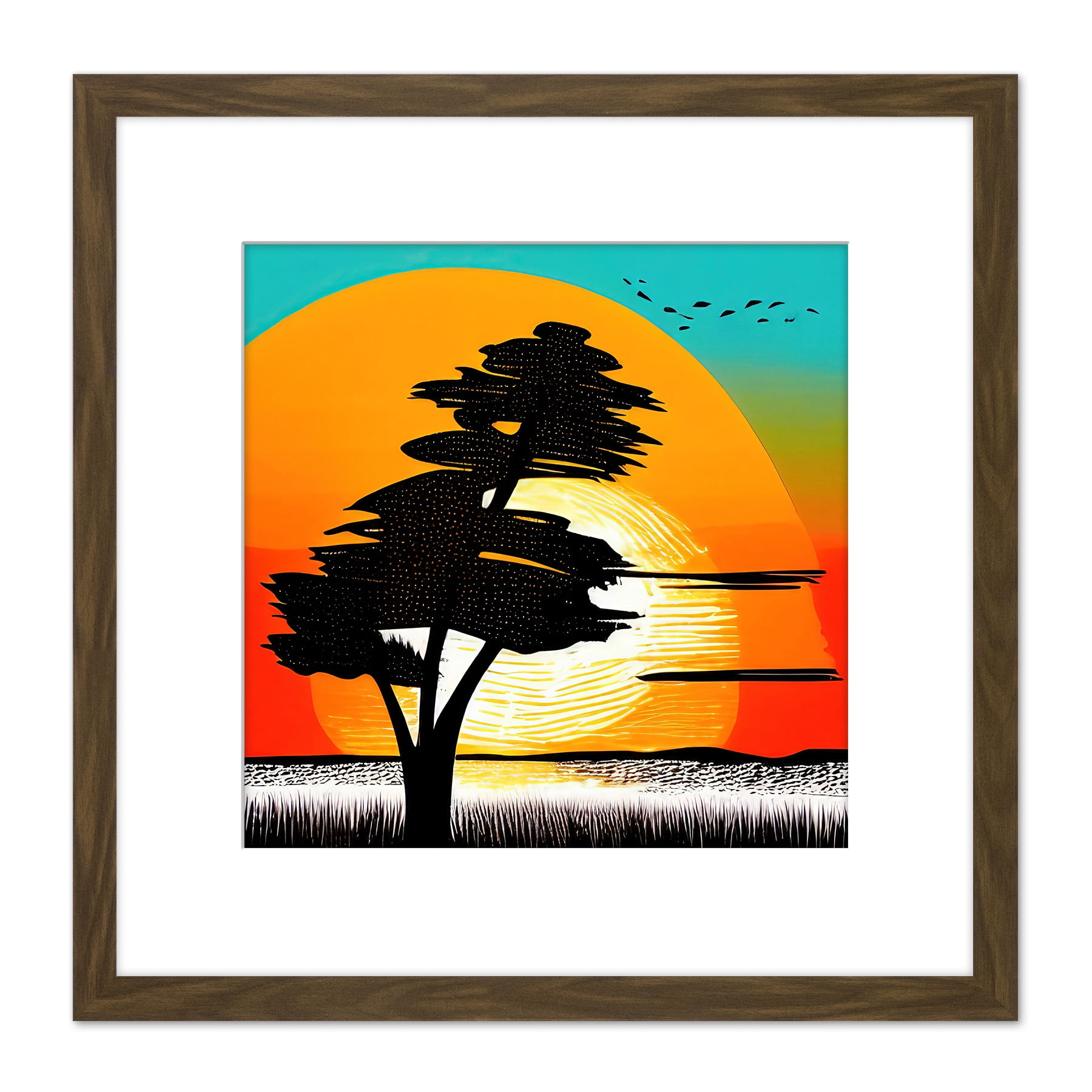 Lone Black Tree Countryside Bright Colourful Sunrise Linocut ...