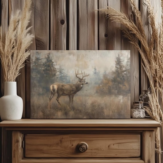 Lone Buck Canvas Print, Rustic Deer Landscape Matte Canvas, Antique ...