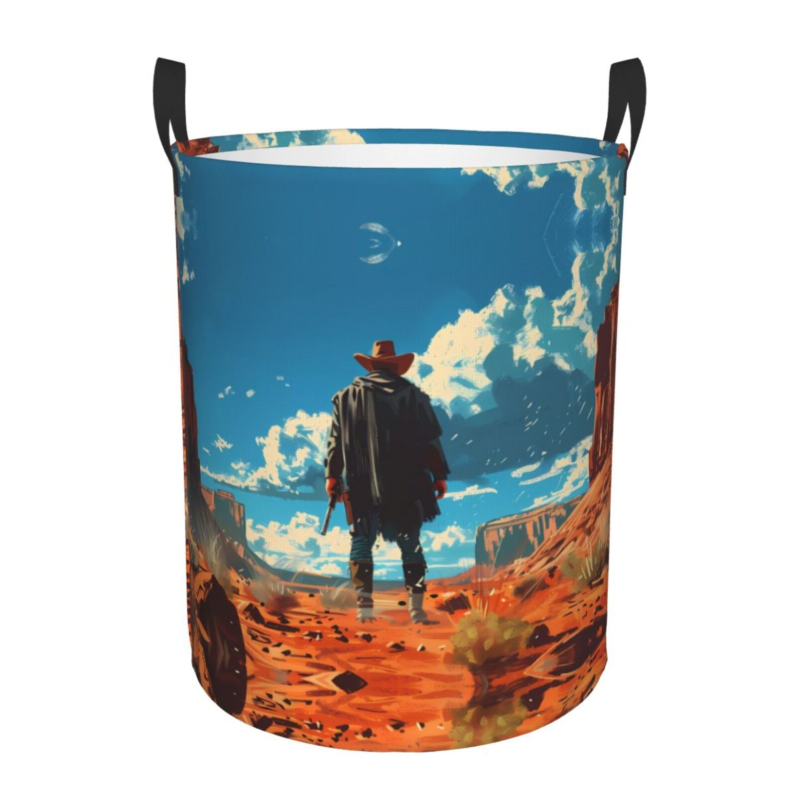Lone Cowboy Desert Scene Round Laundry Basket, Laundry Hamper with ...