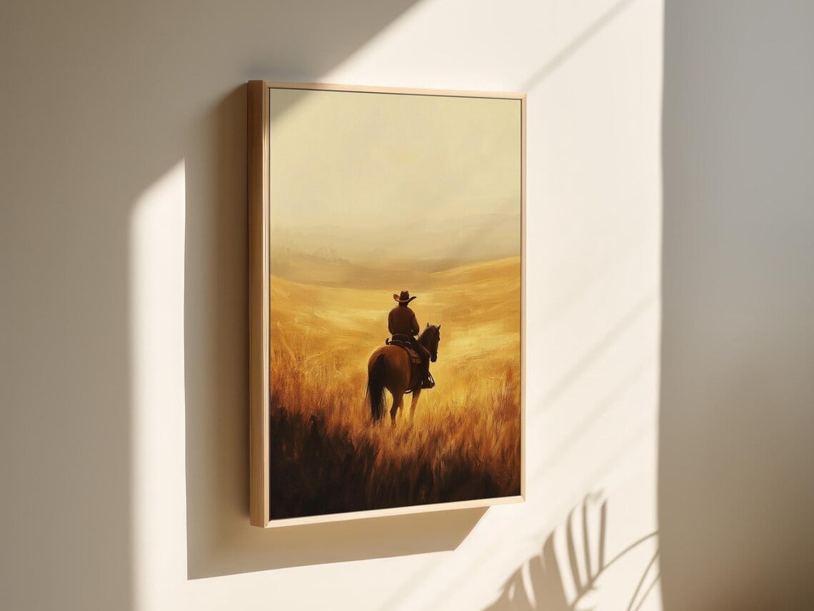 Lone Cowboy On Horseback Print - Western Prairie Wall Art - Rustic ...