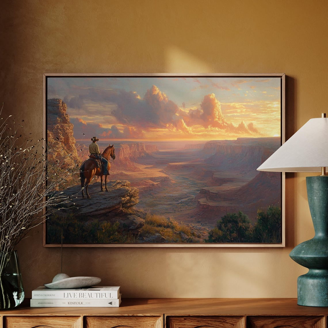 Lone Cowboy Overlooking Sunset Canyon – Dramatic Western Horseback ...